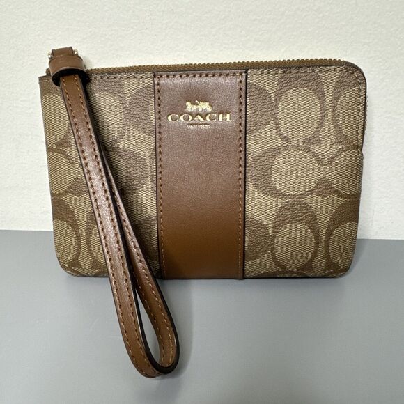 Coach | Bags | Coach Corner Zip Logo Wristlet Khakisaddle Wallet Purse ...